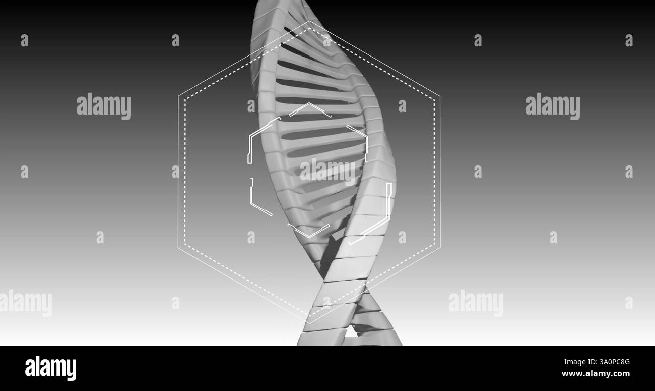 Image of shapes over dna strand on grey background Stock Photo - Alamy