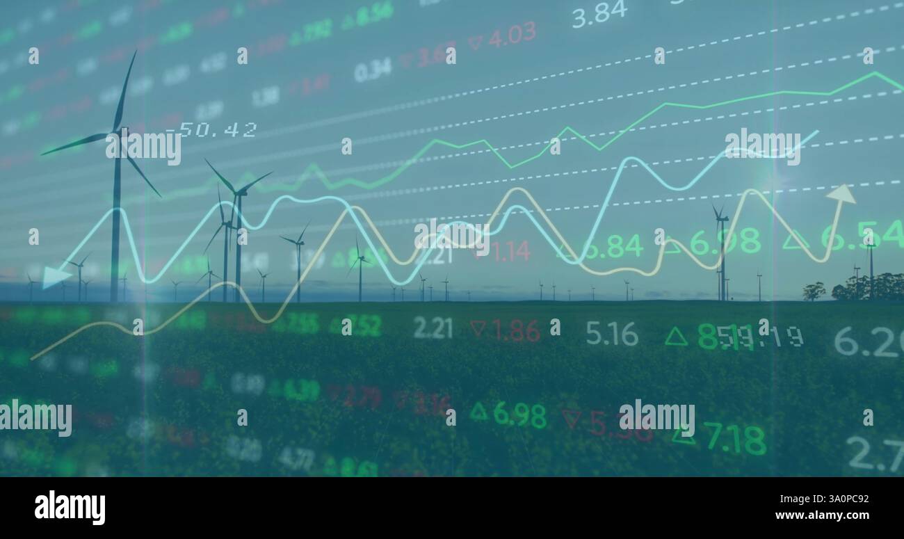 Image of diagrams and stock market over wind turbines Stock Photo - Alamy