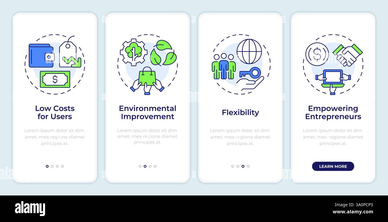 Benefits of sharing economy onboarding mobile app screen Stock Vector ...