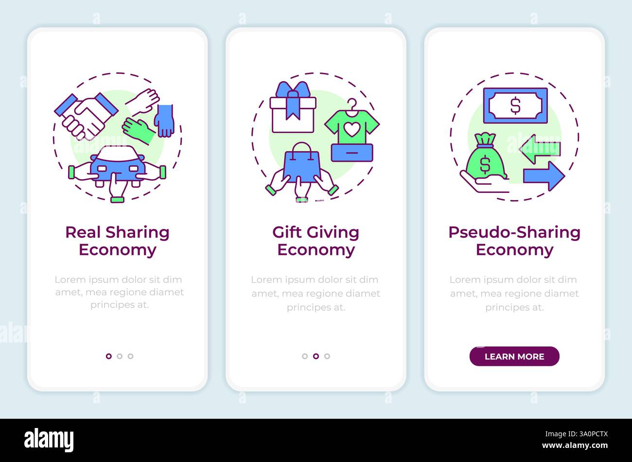 Types of sharing economy onboarding mobile app screen Stock Vector ...