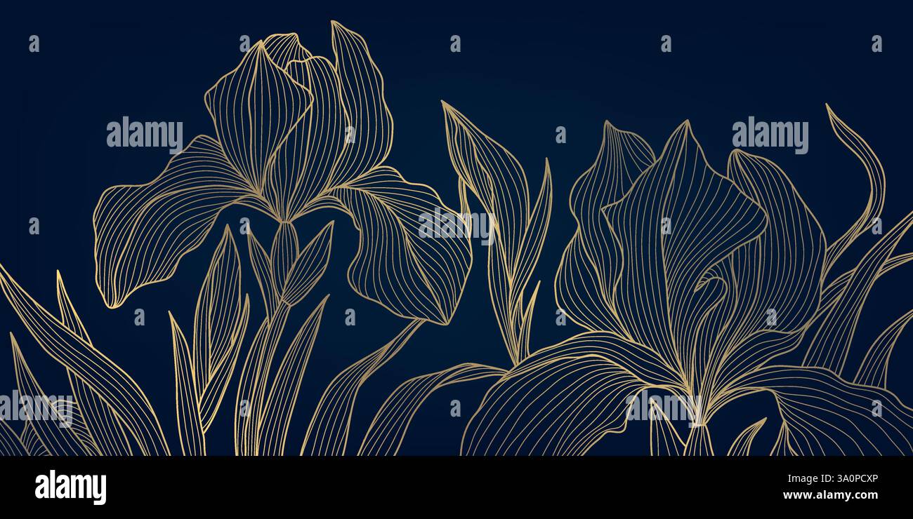 Vector art deco iris flowers, line gold floral background. Nature ...