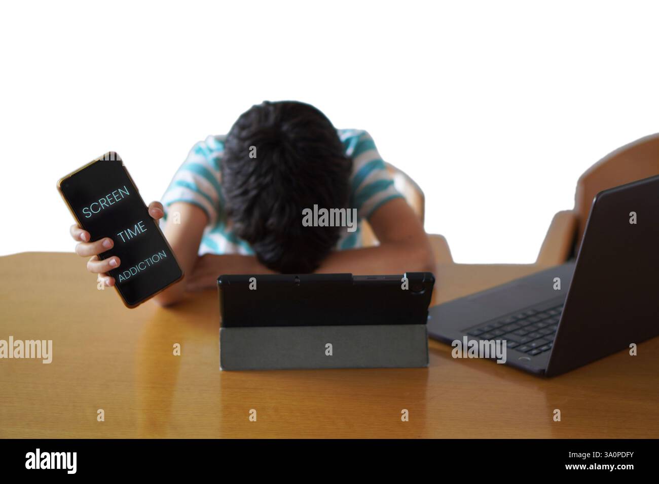 screen time addiction concept. child preteen with mobile laptop and ...