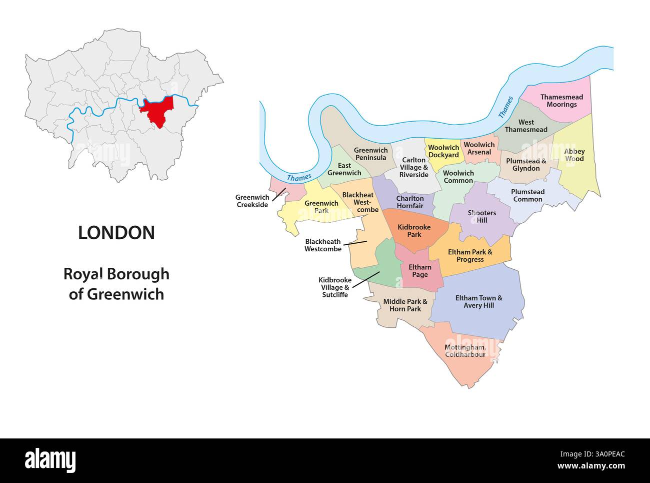 Vector map Royal Borough of Greenwich Wards, London, UK Stock Photo - Alamy
