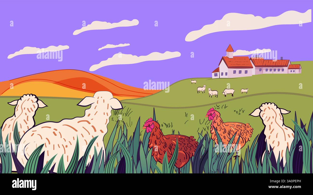 Farm animals pastoral scene sheep chickens grazing in green field with ...