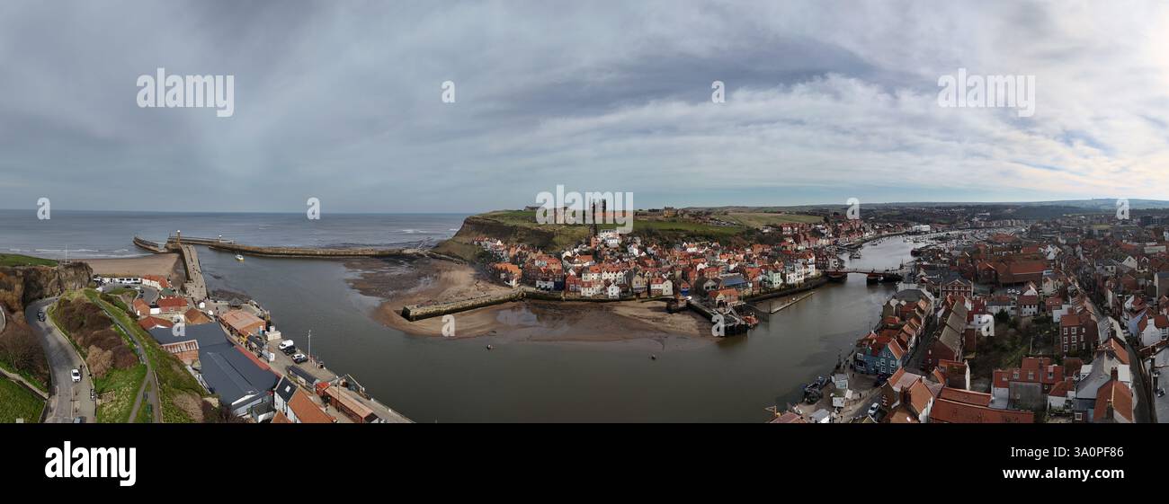 Aerial view of Whitby seaside town the river Esk, North Yorkshire Stock ...