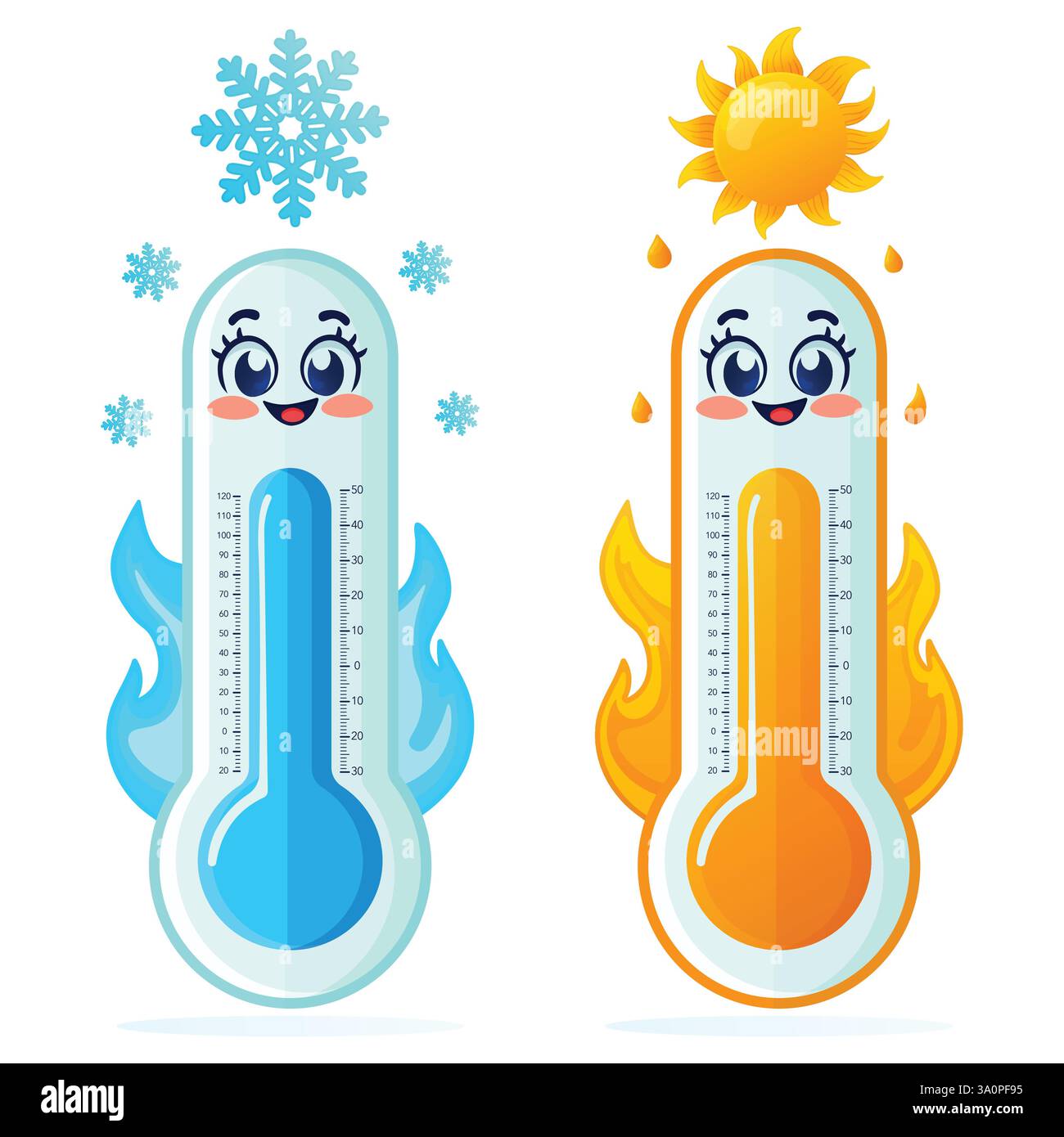 Cold and hot cute kawaii thermometer flat vector illustration Stock ...