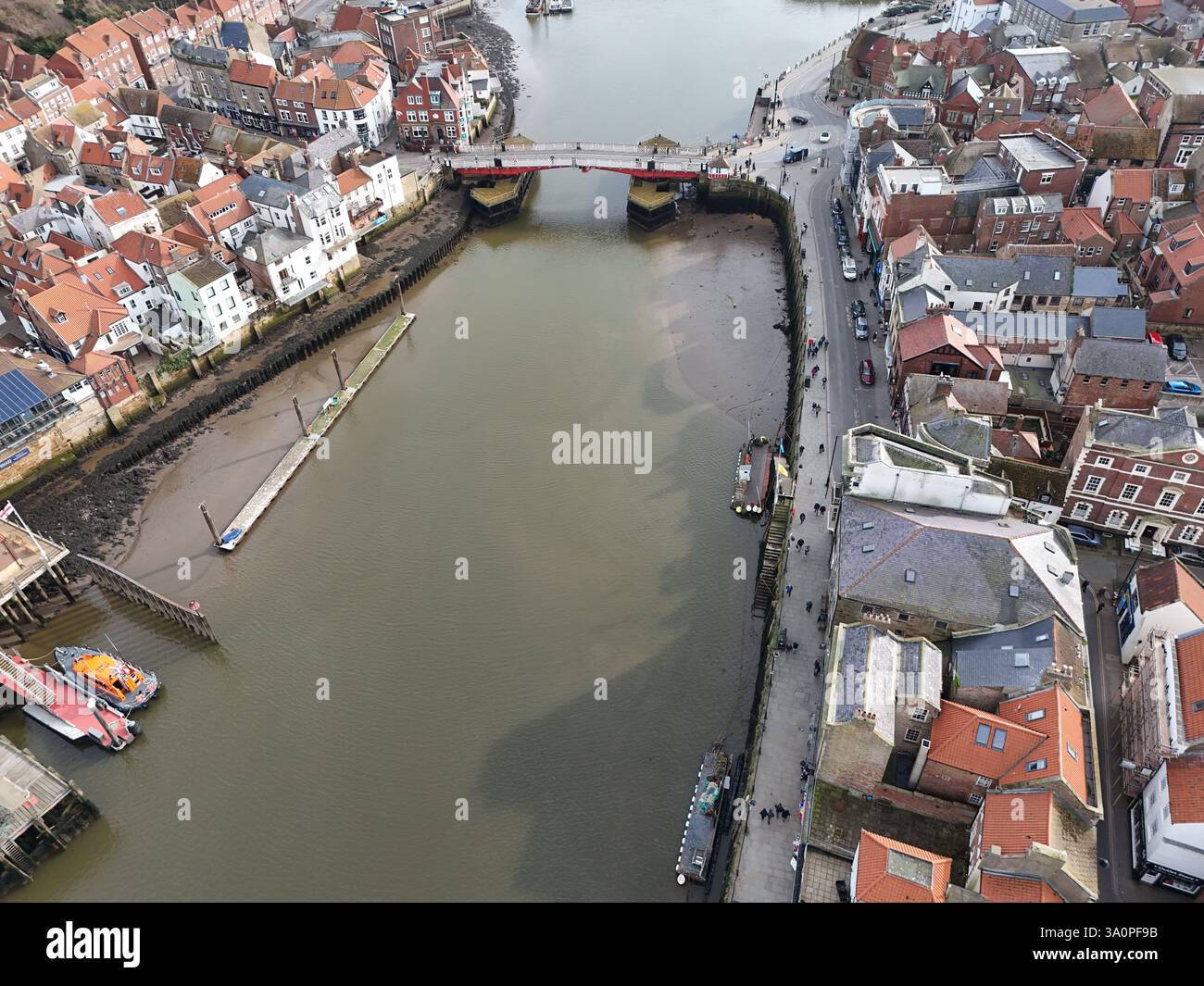Aerial view of Whitby seaside town the river Esk, North Yorkshire Stock ...