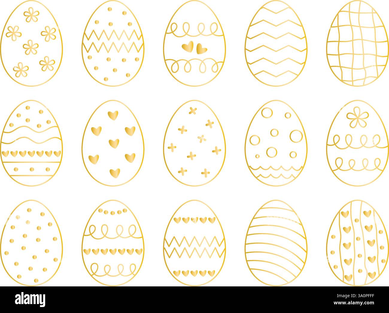Golden egg outline set. Decorated with hearts, wave, dots, flowers ...