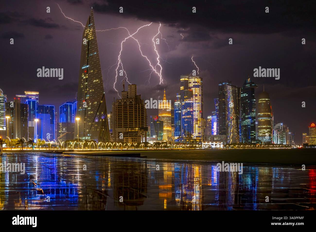 Lightning at Doha Skyline. Rain in Doha night view Stock Photo - Alamy