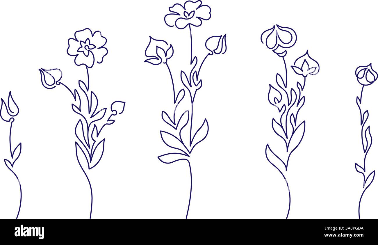 Set of wild flowers and plants of flax. Minimal line symbol isolated on ...