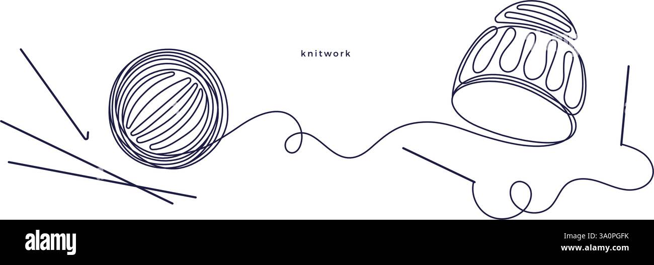 Cap in continuous line. Ball of yarn. Round skein of knitting thread ...