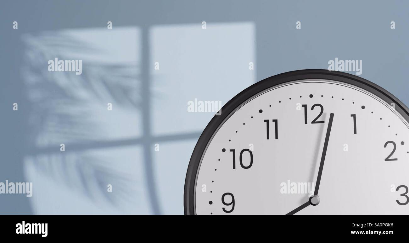 Image of fast moving hands on clock over wall with shadow of leaves and ...