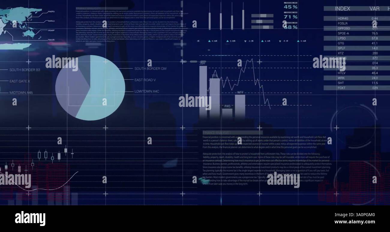 Image of charts and graphs processing data over city buildings at night ...