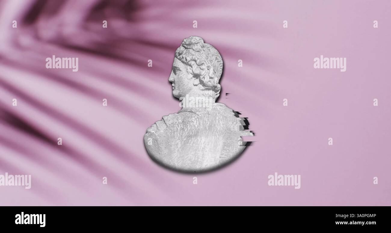 Image of ancient sculpture bust with glitch over shadow of palm leaf on ...