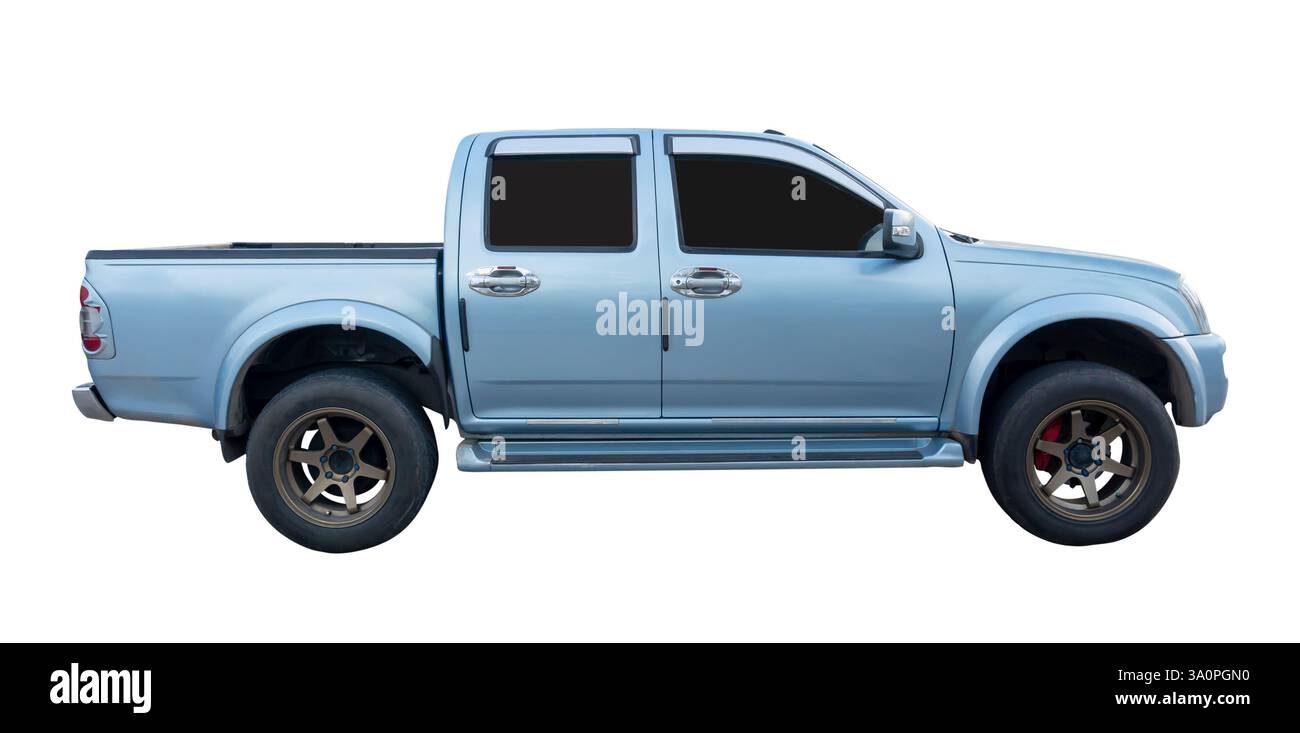 Side view of light blue pickup truck is isolated on white background ...