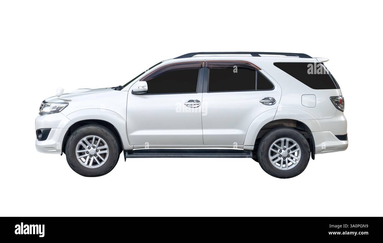 Side view of elegant white SUV sports car is isolated on white ...