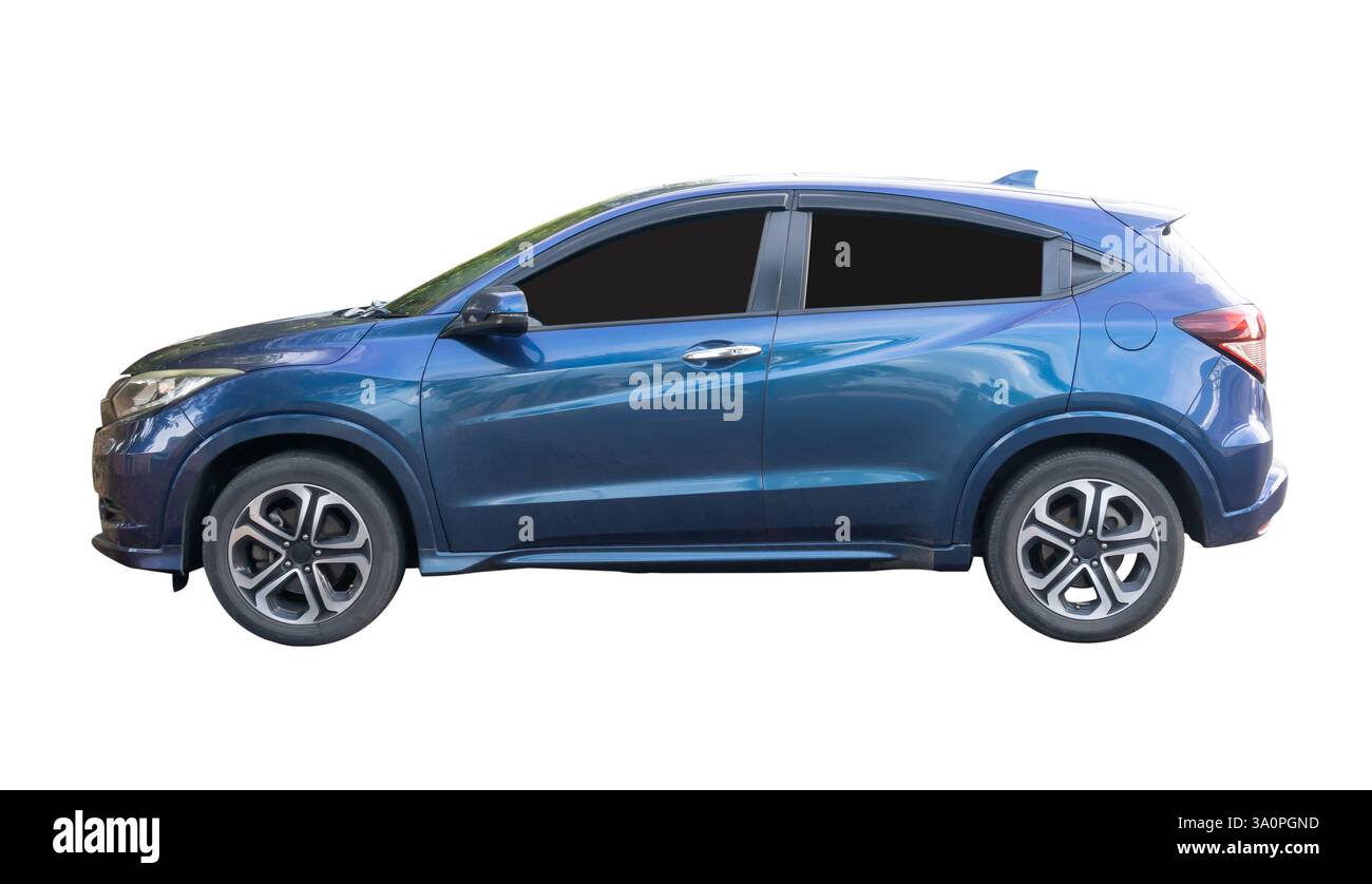 Side view of mini or small blue sports hatchback car is isolated on ...