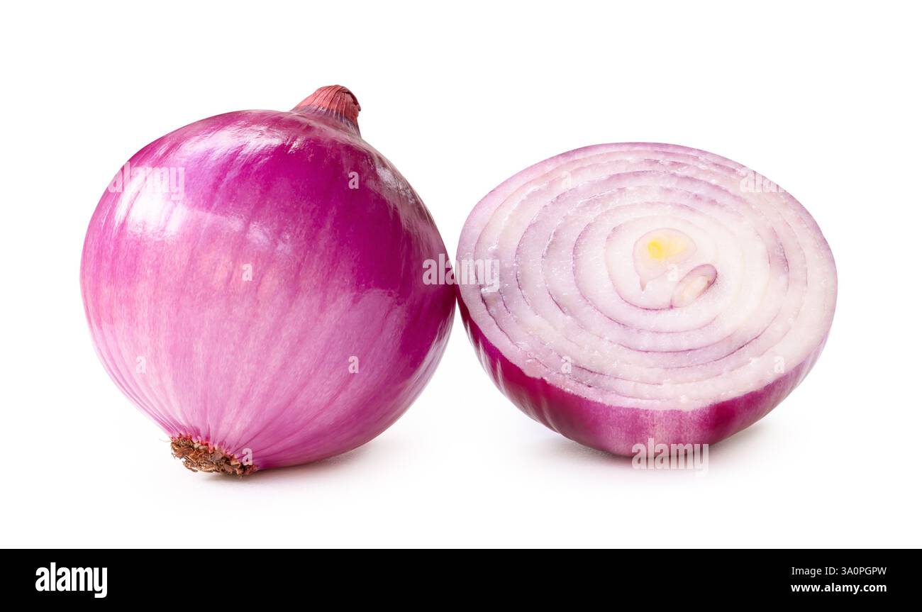 Single fresh peeled red or purple onion bulb with half in stack is ...