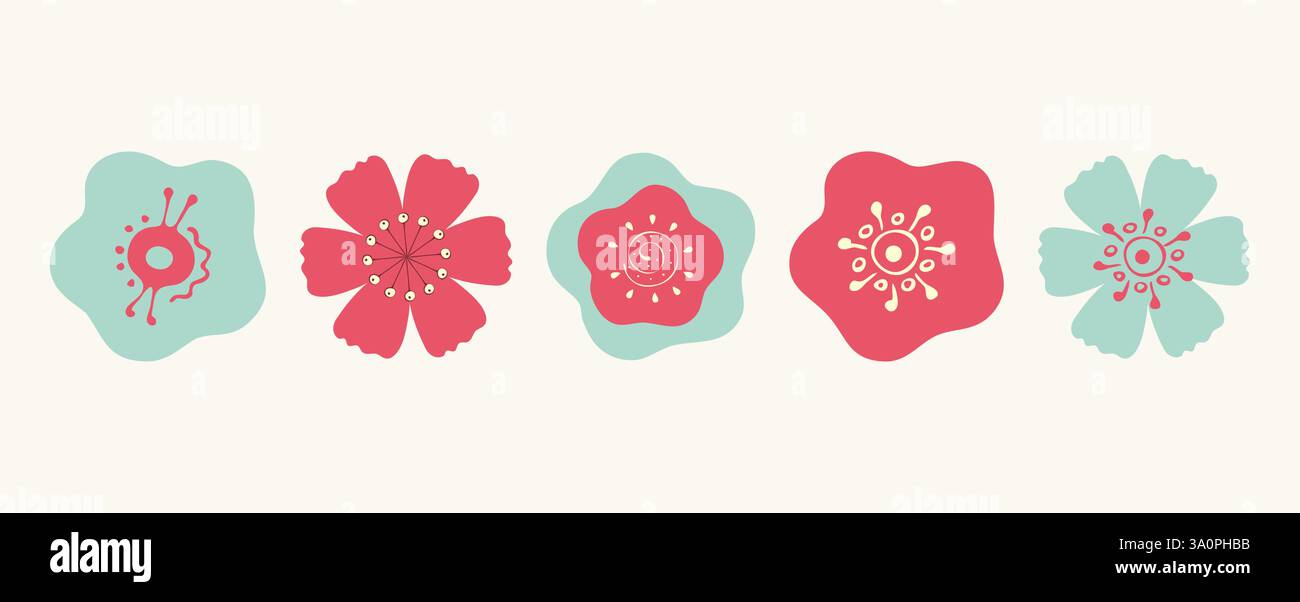 Set of colorful flower buds in simple flat doodle style. Red and mint ...