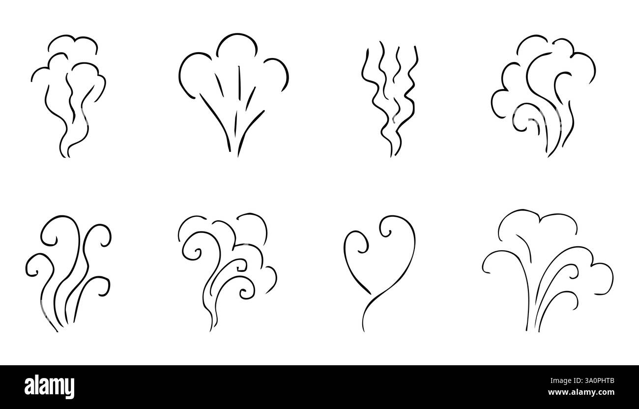 Steam smoke hand drawn line comic doodle. Aroma trail, cloud or wind ...