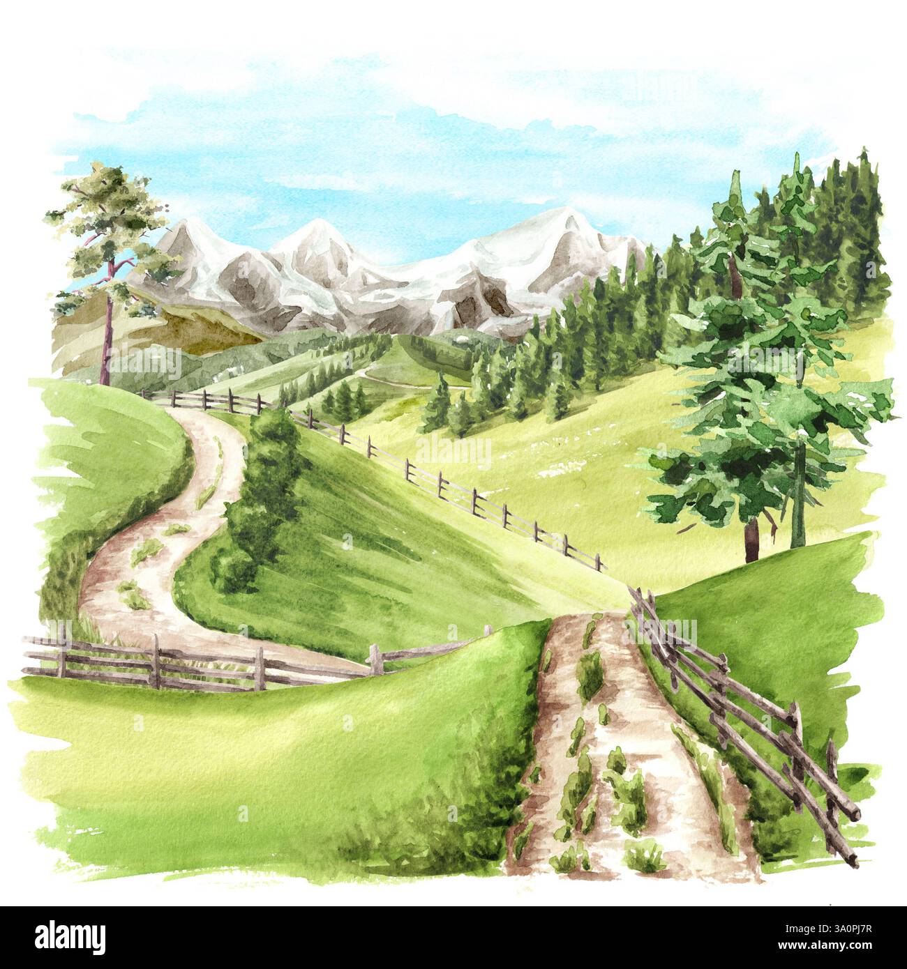 Idyllic Alpen landscape with meadow and green hills. Hand drawn ...