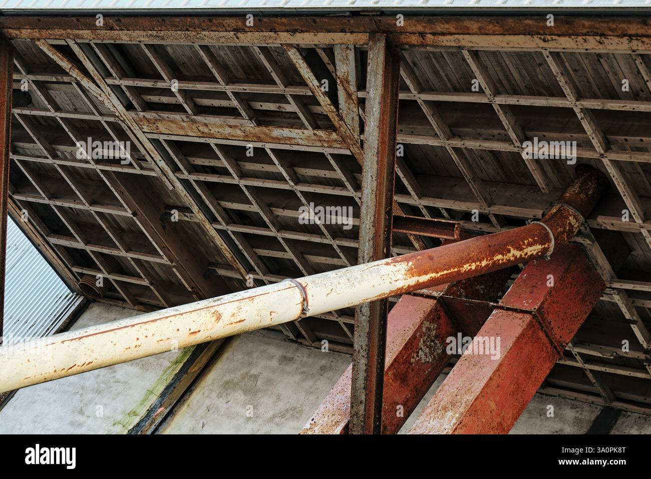 A historic grain silo with steel elevator, weathered concrete details ...