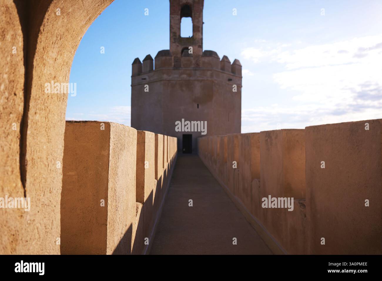 Stone walkway leading to a medieval watchtower of the historic fortress ...