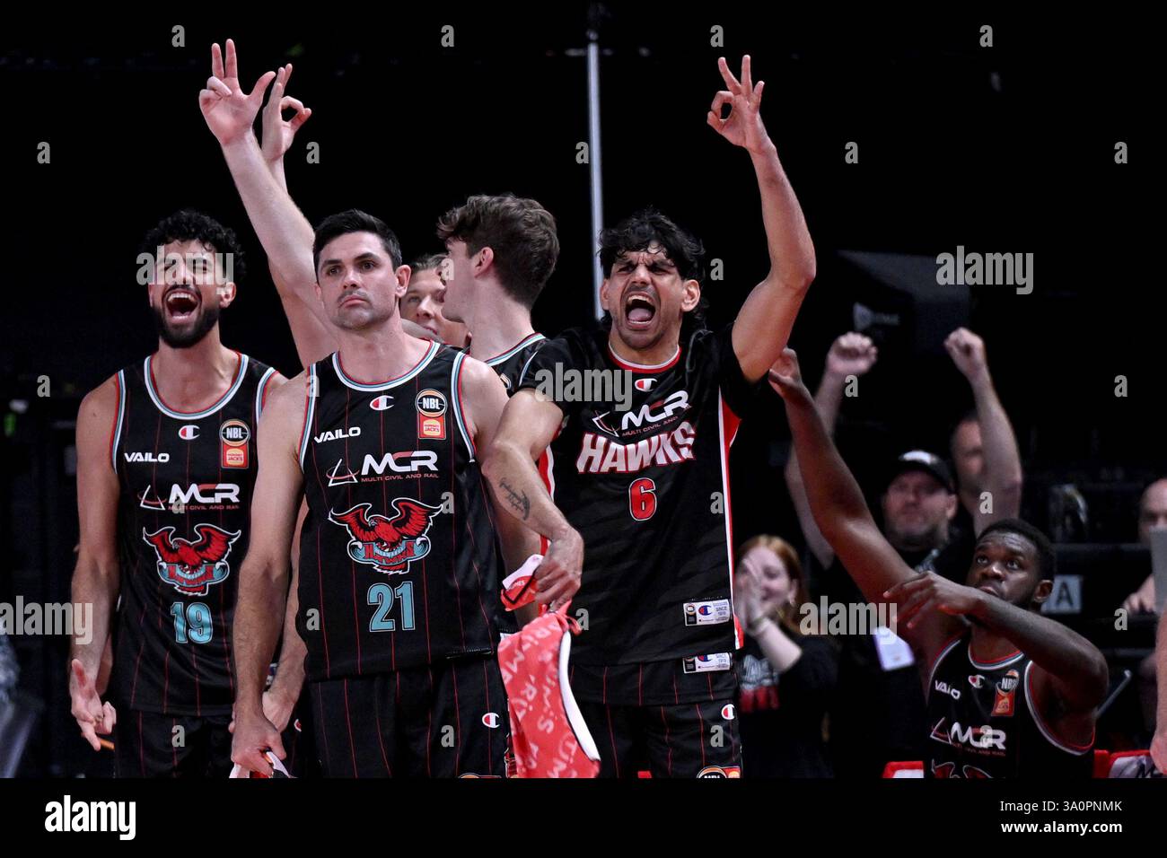 The Hawks celebrate during the NBL playoff series game 3 between the ...