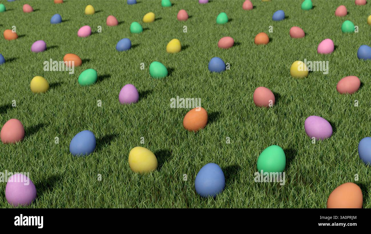 Viele bunte Ostereier liegen auf der Wiese Symbolbild zum Thema Ostern, Ostereier verstecken ...