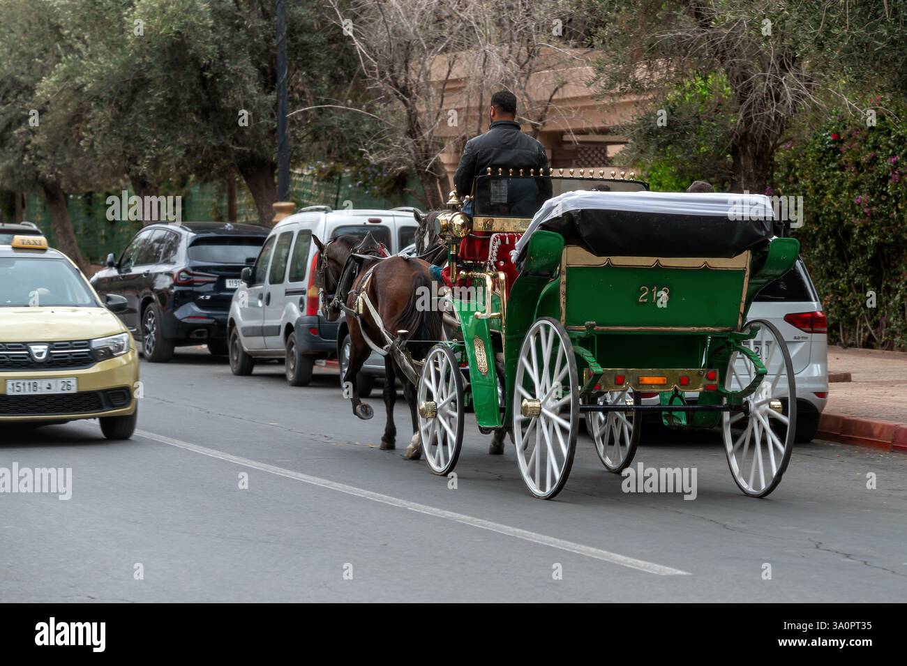 Marrakech, Morocco - February 15, 2025: A horse-drawn carriage travels ...