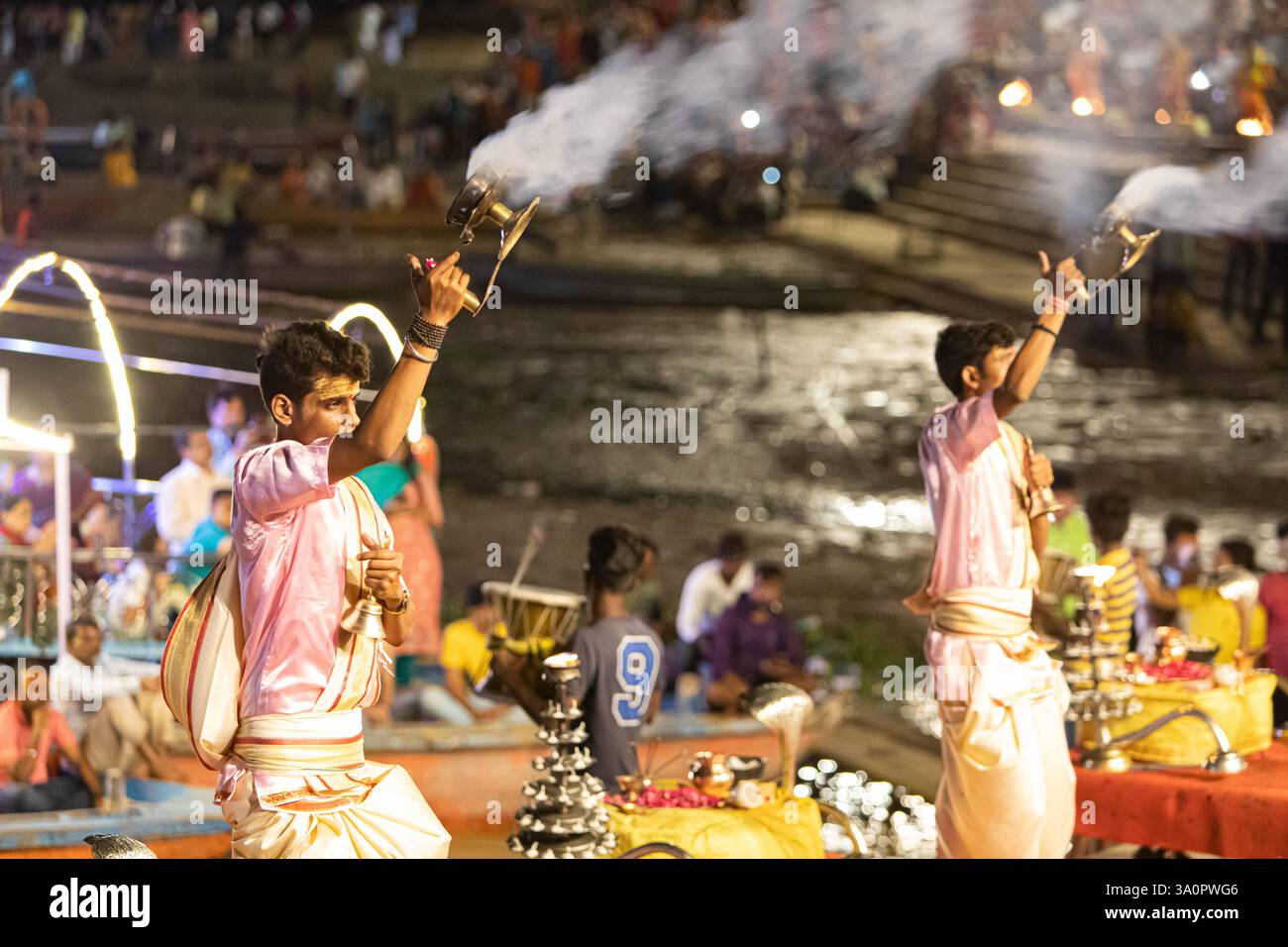 Varanasi, Uttar Pradesh, India - 8-10-2022: night Ganga Aarti ceremony ...