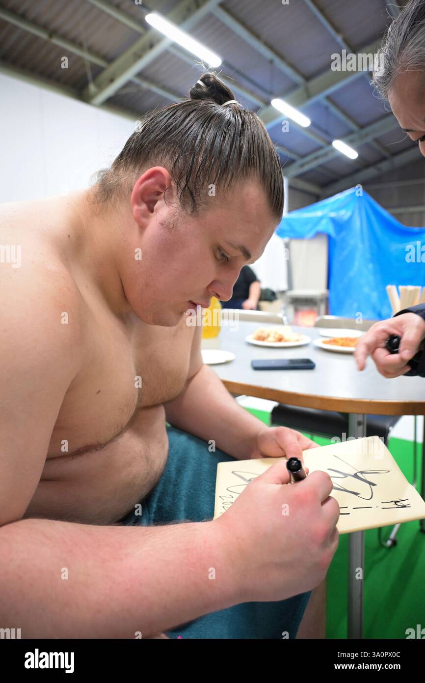 Ukrainian sumo wrestler Aonishiki interacts with his fans ahead of the ...
