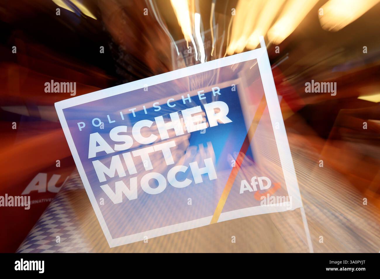 05 March 2025, Bavaria, Osterhofen: Political Ash Wednesday, AfD, in the Donaucenter. A flag ...