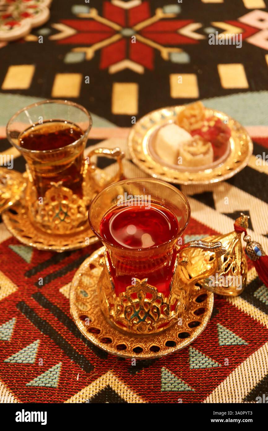 Cups of Hot Turkish Pomegranate and Apple Tea with a Plate of Assorted ...