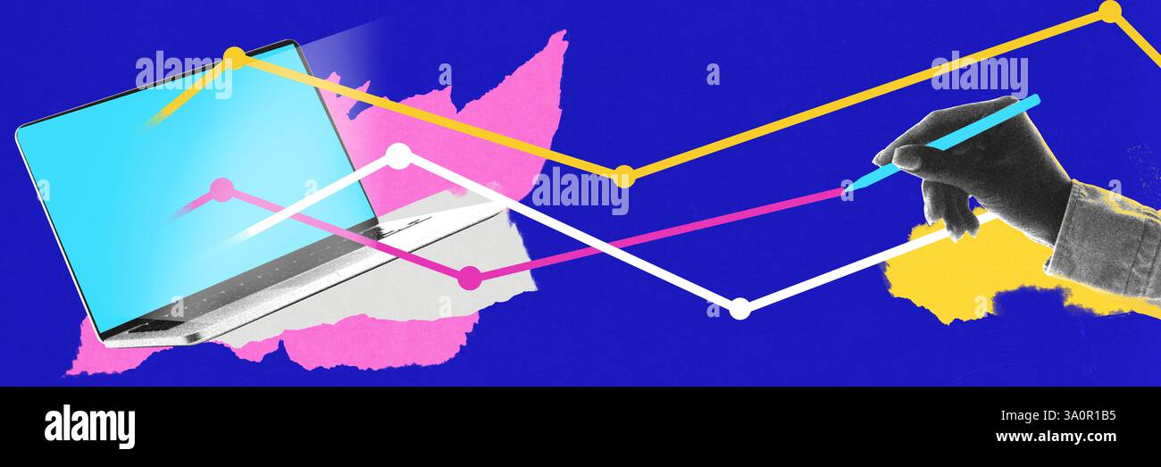 Data analysis visual. Hand draws trending lines over laptop ...