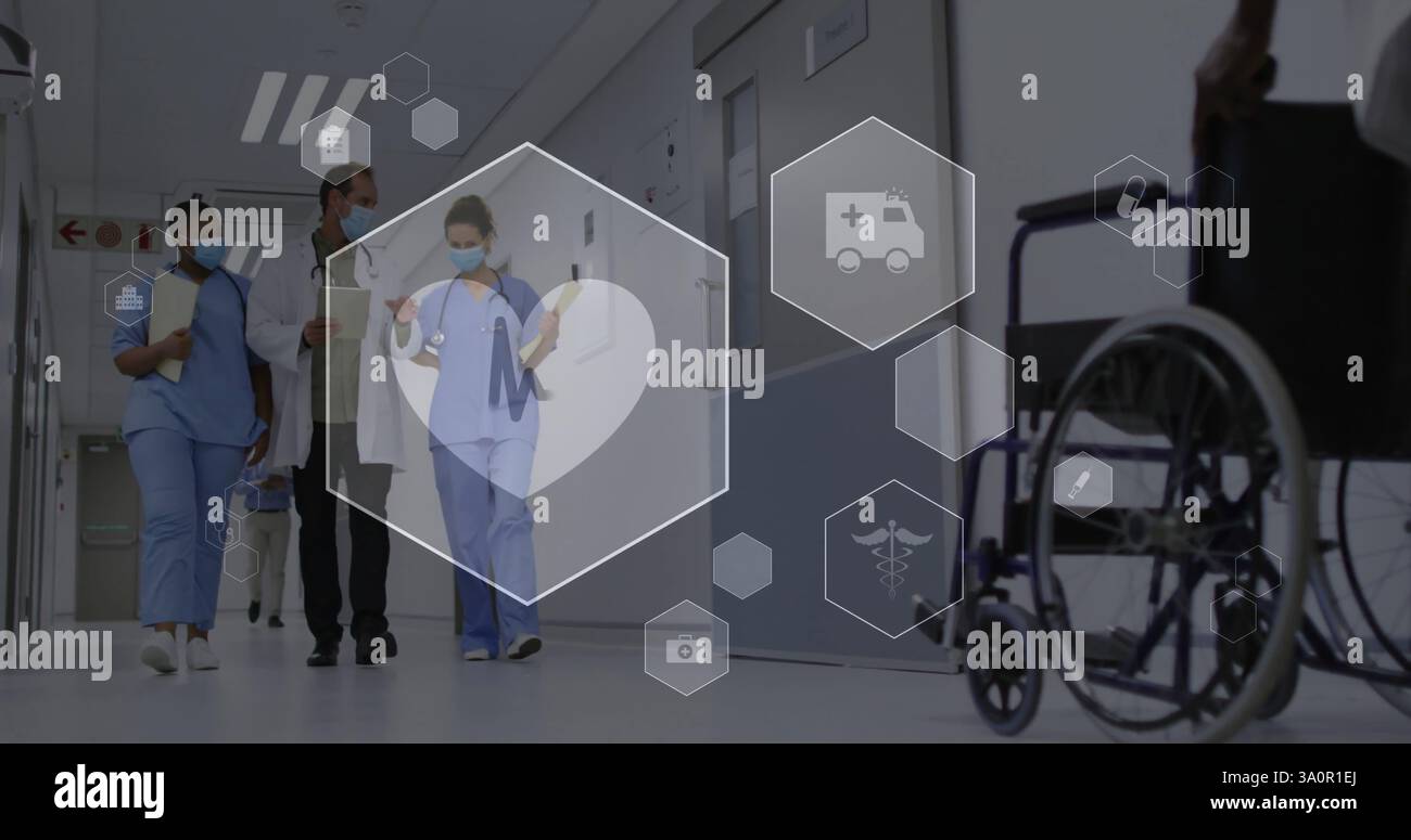 Image of medical icons over diverse doctors walking Stock Photo - Alamy