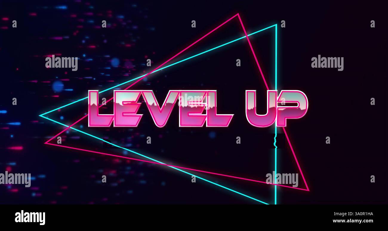 Image of level up text over neon shapes Stock Photo - Alamy