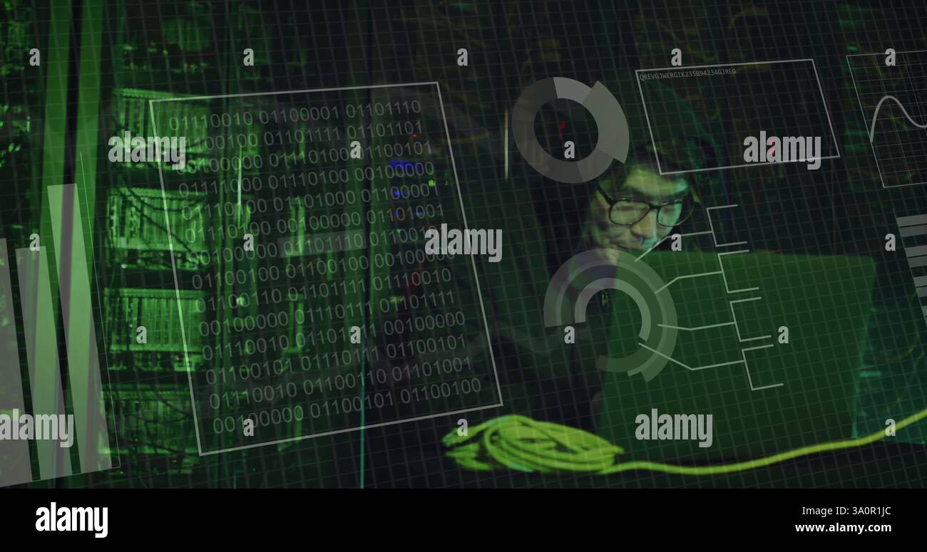 Image of data processing and diagrams over asian male hacker in server room Stock Photo - Alamy