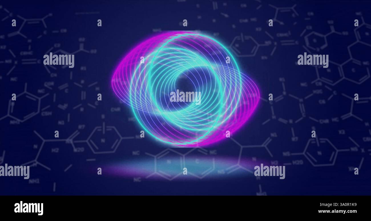Image of chemical formula over neon circles on blue background Stock ...