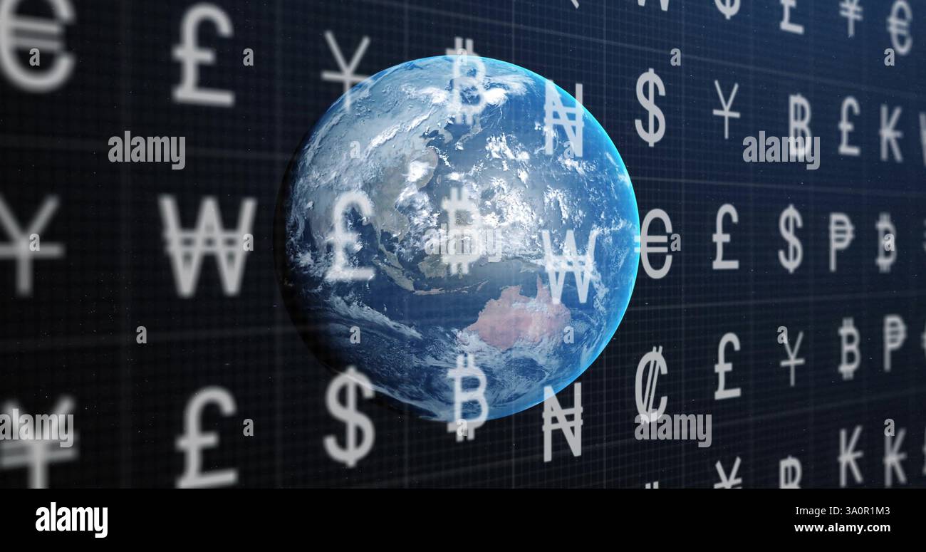 Image of currency symbols over globe Stock Photo - Alamy