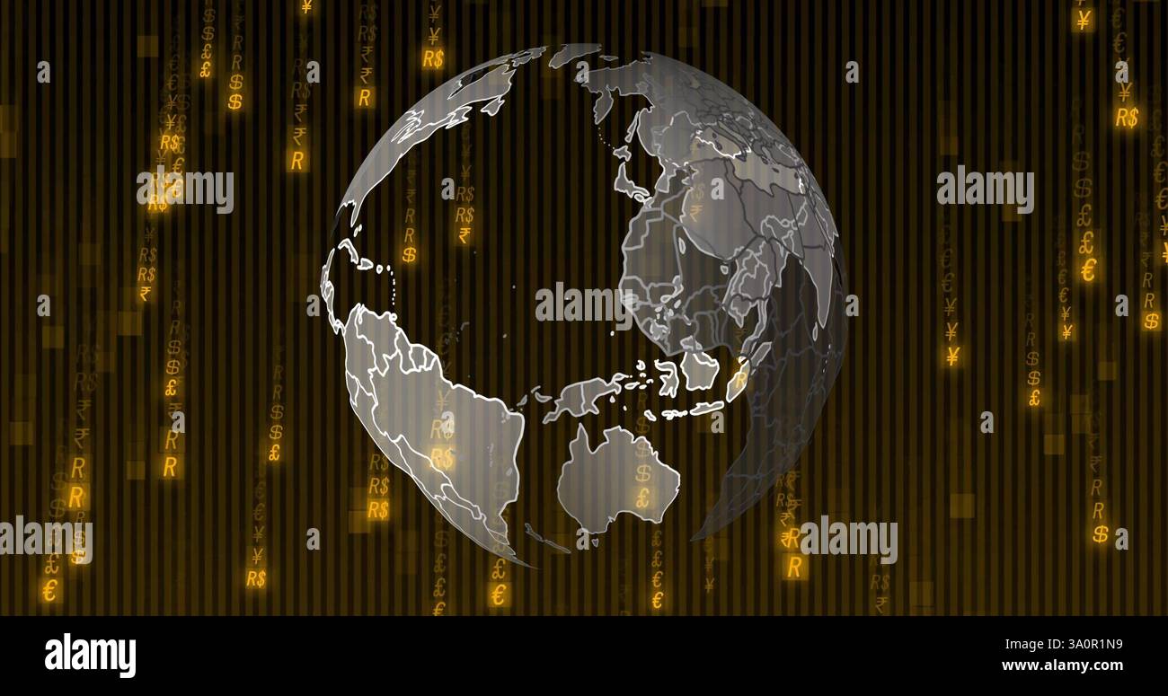 Image of spinning globe over falling currency symbols Stock Photo - Alamy
