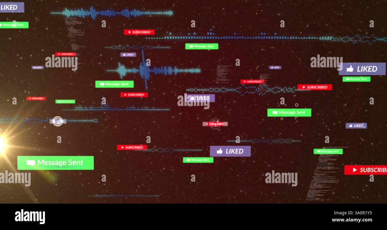 Image of social media icons with texts and data processing over light ...