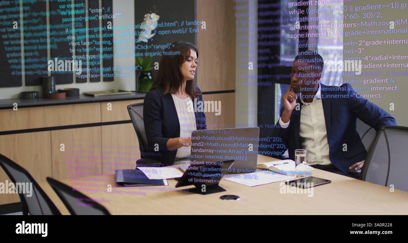 Discussing business strategy, colleagues in office with programming code image over them Stock ...