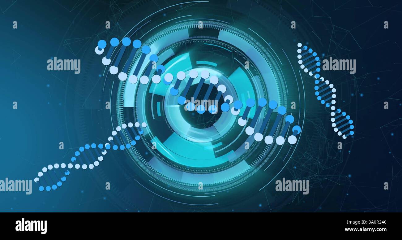 Image of dna strands over scope scanning and shapes Stock Photo - Alamy