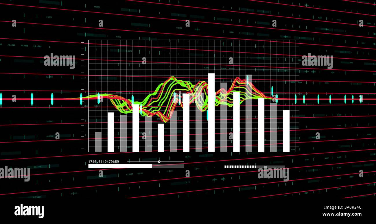Financial data analysis image over fluctuating bar and line graphs Stock Photo - Alamy