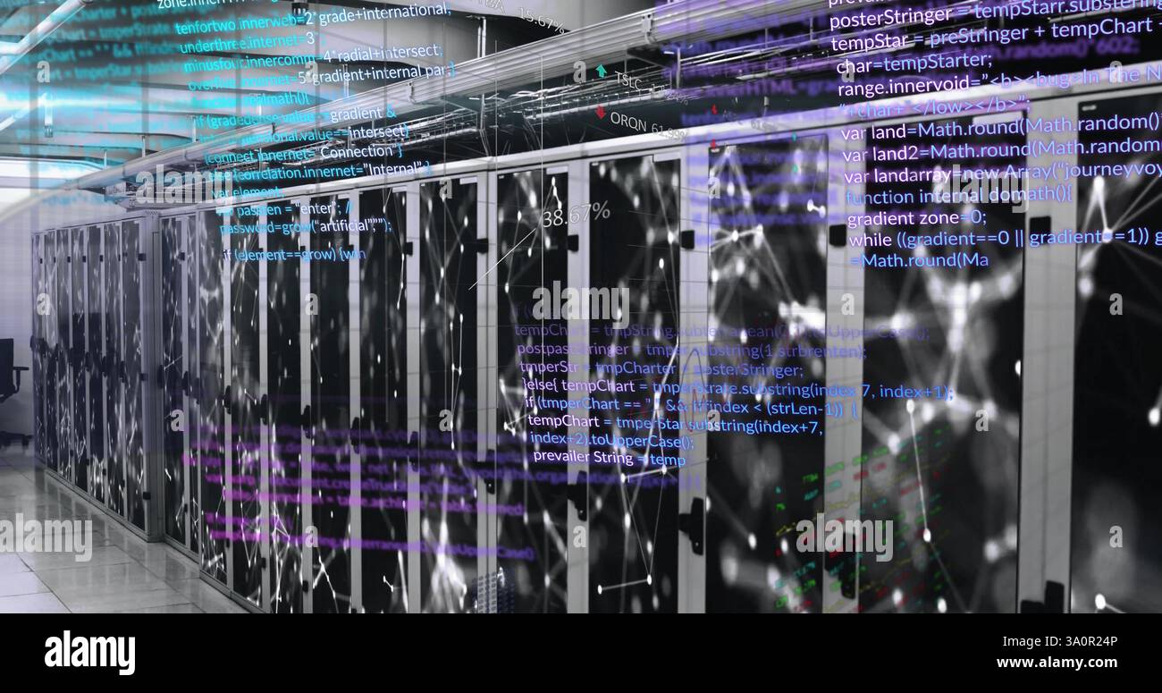 Computer code and data processing image over server racks in data center Stock Photo - Alamy