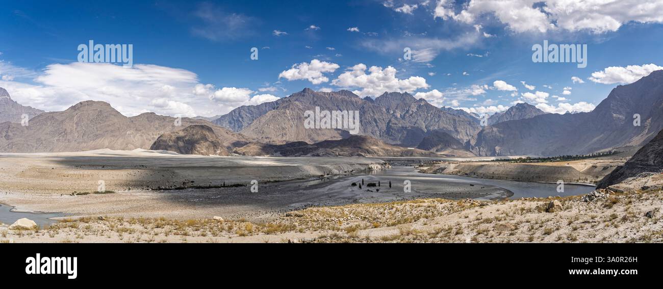 Scenic mountain landscape panorama of Shyok river valley in summer ...