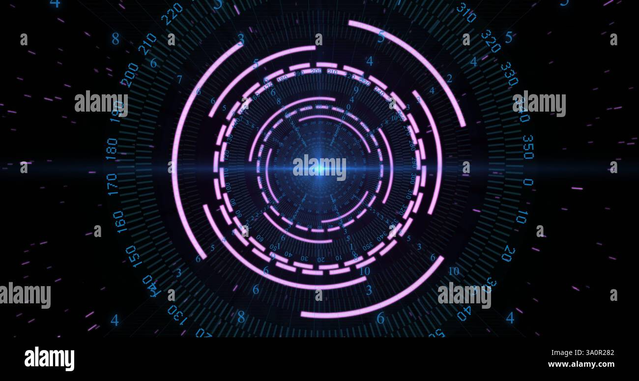 Image of pink circular scanner, blue light and processing data on black ...