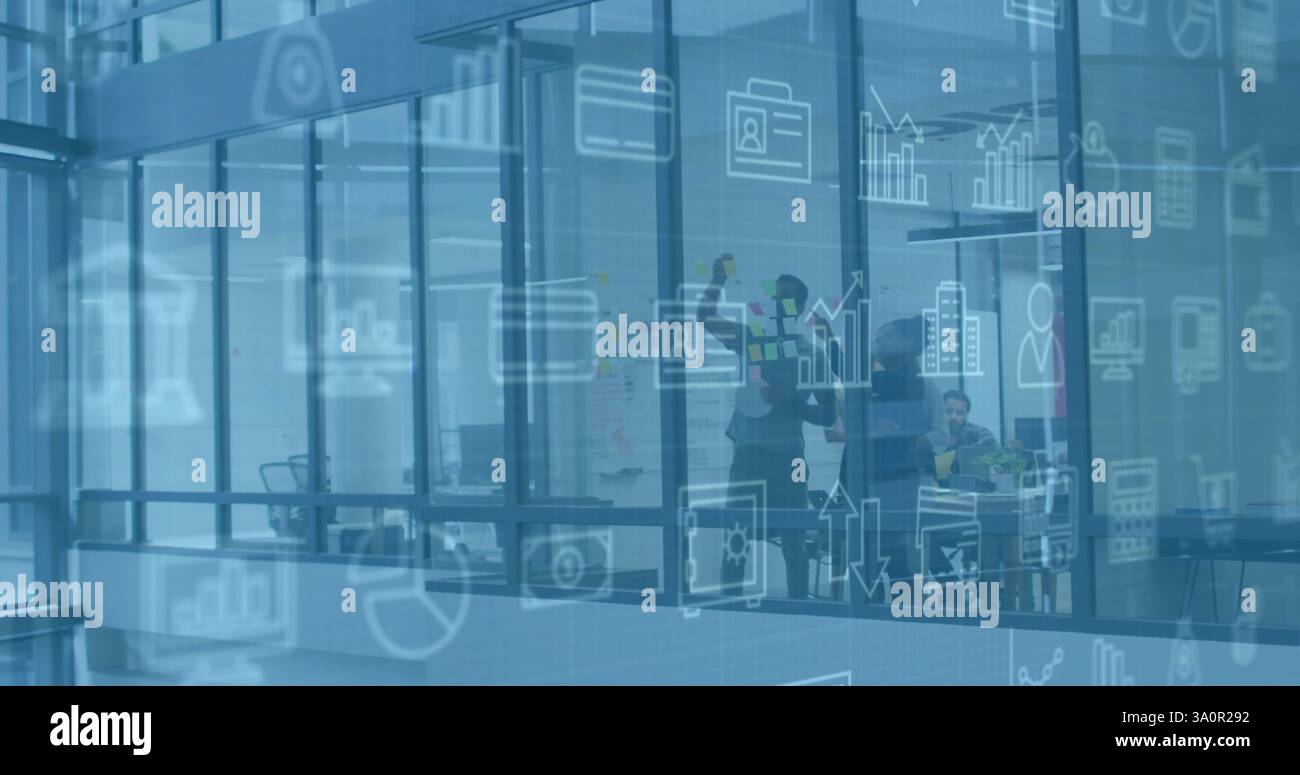 Image of business icons over diverse colleagues discussing work Stock ...