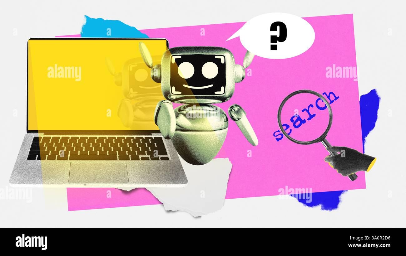 AI-driven search. Robot companion next to laptop, magnifying glass, and ...